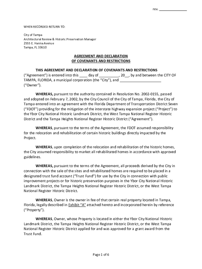 Fillable Online Agreement and Declaration of Covenants and Restrictions for Historic ...