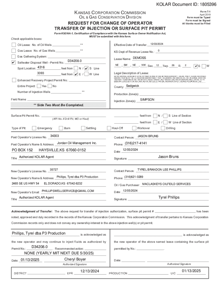 Fillable Online Request for Change of Operator Transfer of Injection or ...