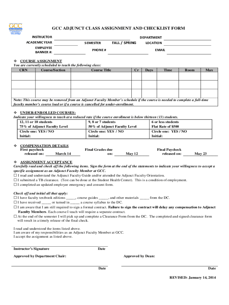 Fillable Online Gcc Adjunct Faculty Assignment and Checklist Fax Email Print - pdfFiller