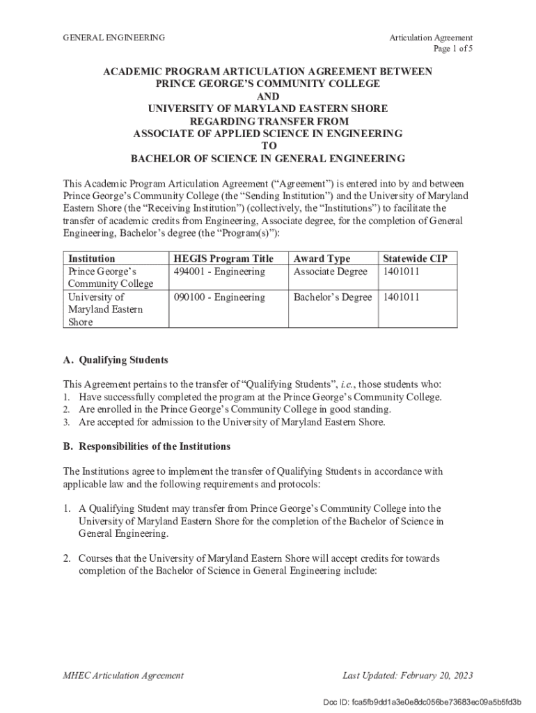 Fillable Online Articulation Agreement Between Prince George’s Community College and University ...