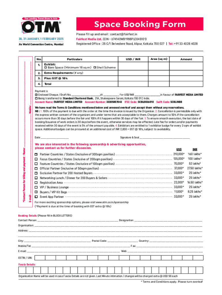 Fillable Online Space Booking Form for Fairfest Media Ltd. Fax Email ...