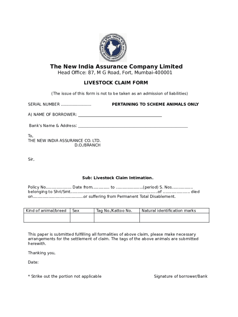 Livestock Claim Doc Template | pdfFiller
