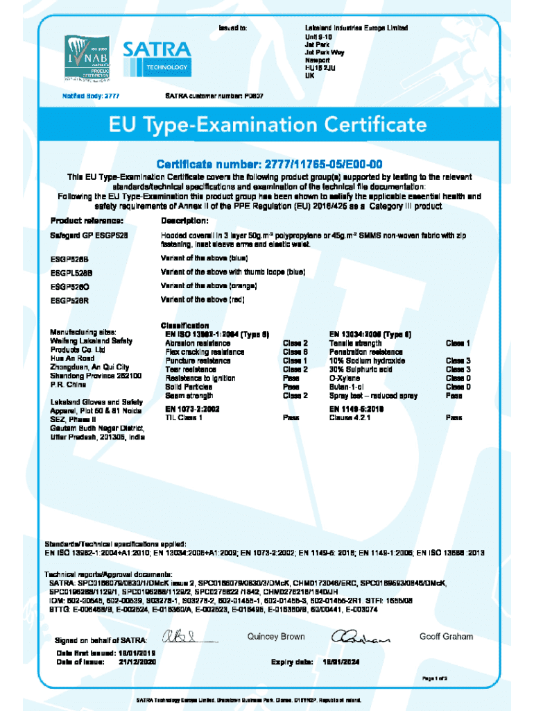 Fillable Online Type-examination Certificate for Personal Protective ...