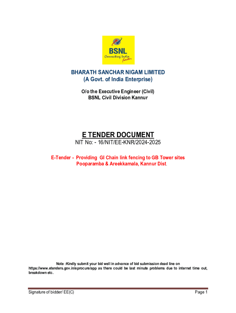 Fillable Online Notice Inviting Tenders for Providing Gi Chain Link ...