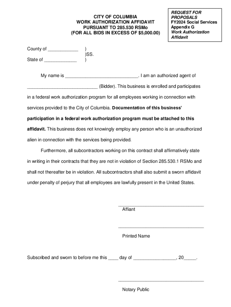 Fillable Online Fy2024 Social Services Appendix G Work Authorization Affidavit Fax Email Print ...