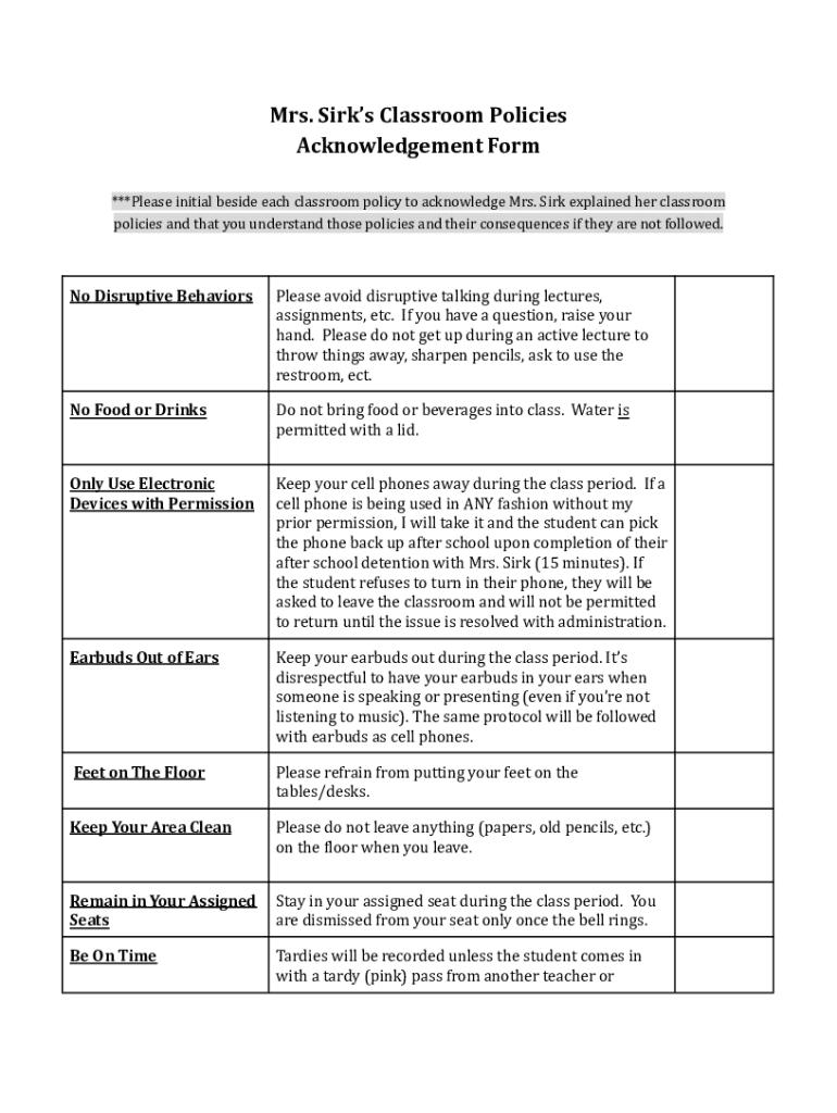 Fillable Online Classroom Policies Acknowledgement Fax Email Print ...