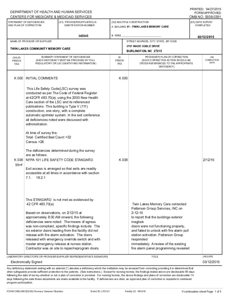 Fillable Online Statement of Deficiencies and Plan of Correction Fax ...