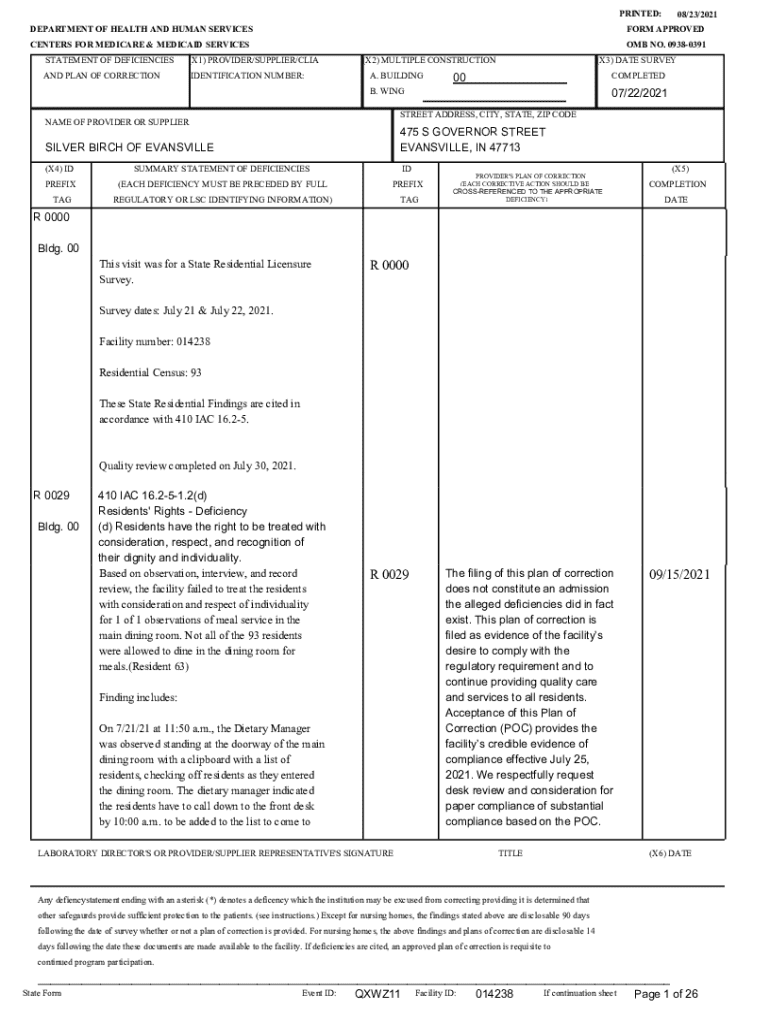 Fillable Online Statement of Deficiencies and Plan of Correction Fax Email Print - pdfFiller