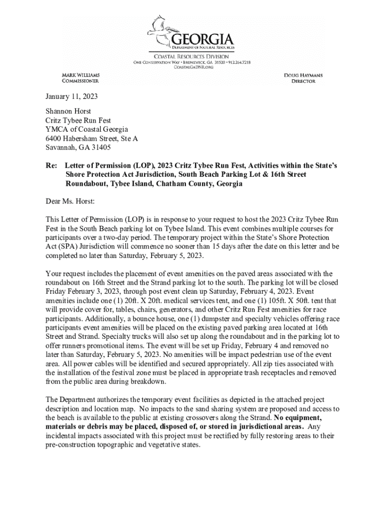 Fillable Online Letter of Permission (lop) for 2023 Critz Tybee Run ...