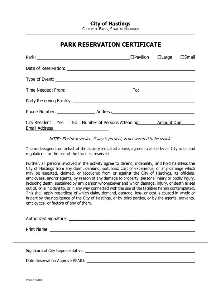Fillable Online Park Reservation Certificate Fax Email Print - pdfFiller