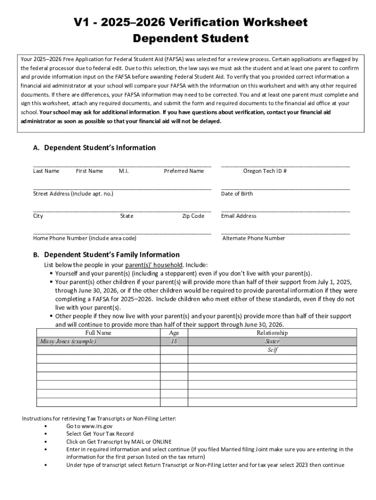 Fillable Online Dependent Student Verification Worksheet Fax Email Print - pdfFiller