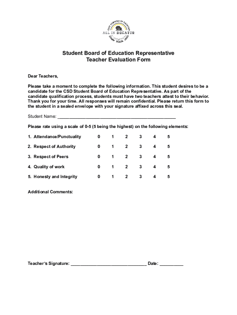 Fillable Online Teacher Evaluation Form for Csd Student Board of Education Representative Fax ...