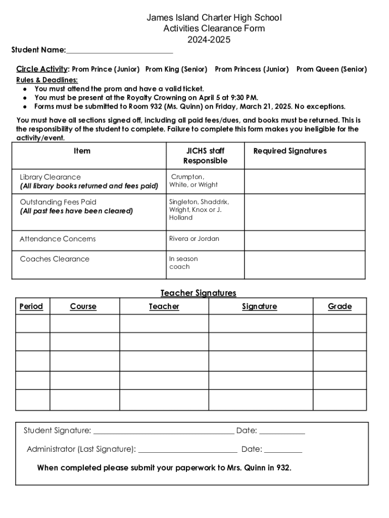 Fillable Online James Island Charter High School Activities Clearance ...