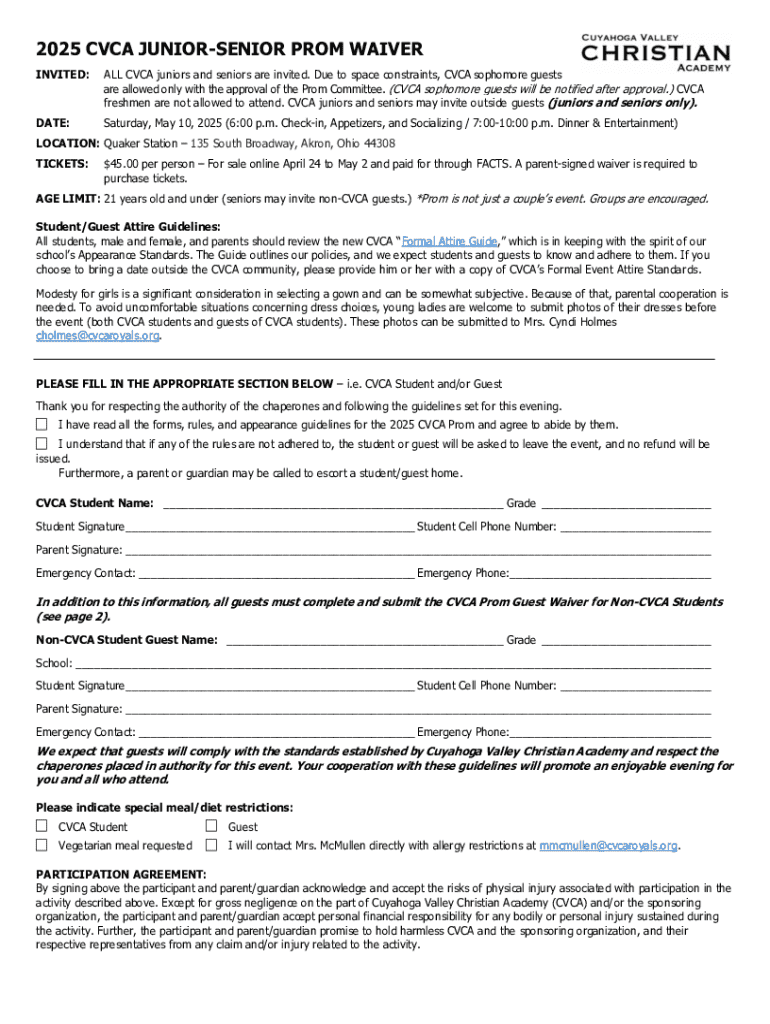 Fillable Online Cvca Prom Waiver for Juniors and Seniors Fax Email ...
