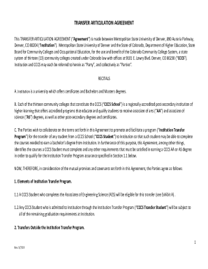 Fillable Online Transfer Articulation Agreement Between Metropolitan State University of Denver ...