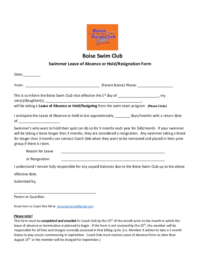 Fillable Online Boise Swim Club Leave of Absence or Resignation Form Fax Email Print - pdfFiller