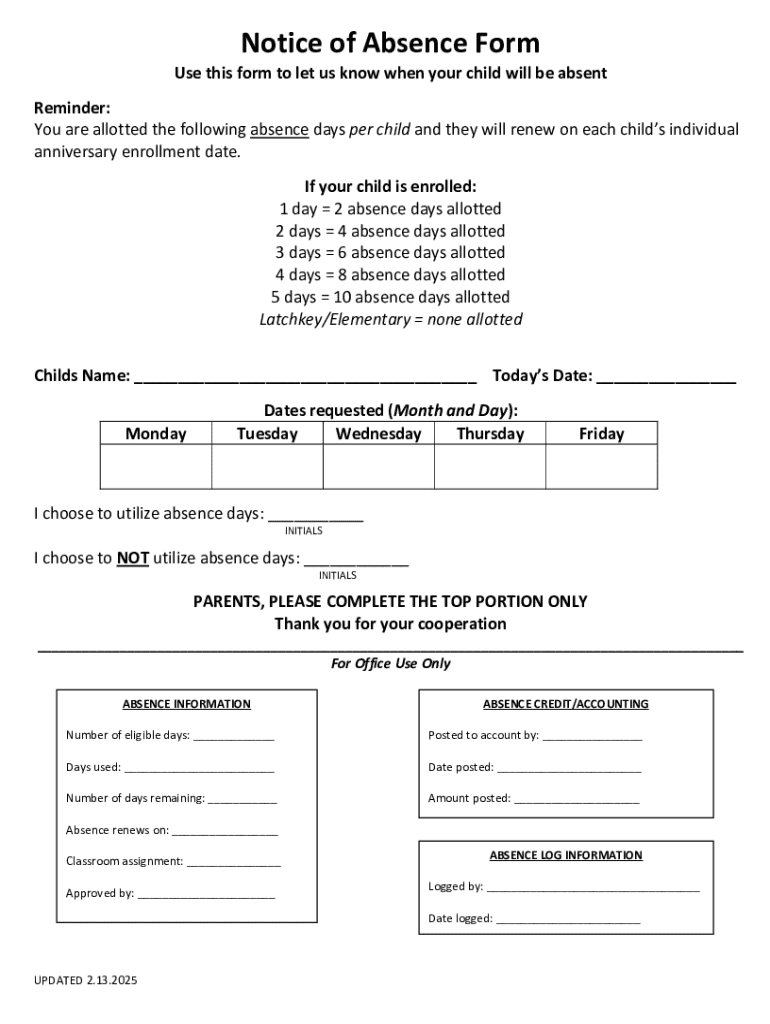 Fillable Online Notice of Absence Form Fax Email Print - pdfFiller