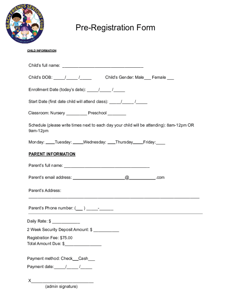 Fillable Online Pre-registration Form for Beach Family Schools Fax ...