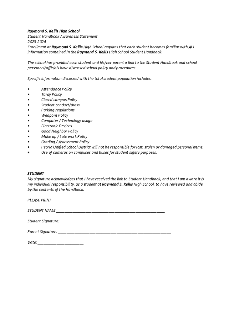 Fillable Online Raymond S. Kellis High School Student Handbook ...