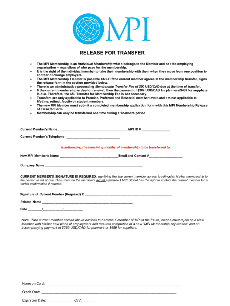Fillable Online Membership Transfer Release Form Fax Email Print ...