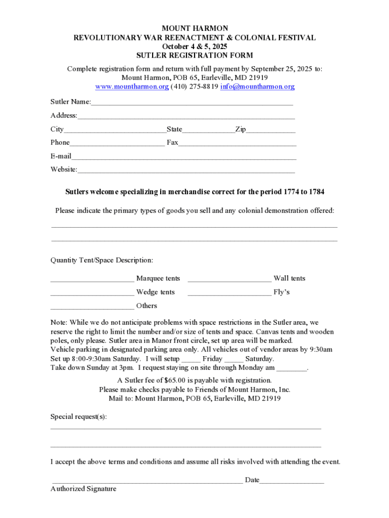 Fillable Online Mount Harmon Revolutionary War Reenactment & Colonial ...