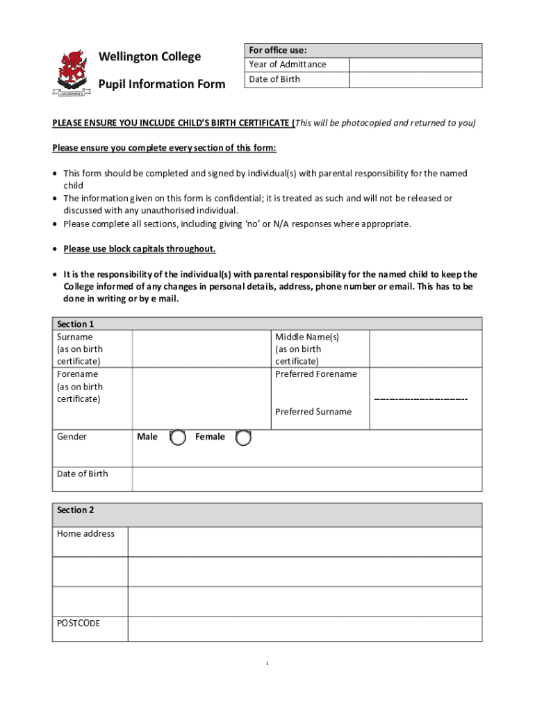 Fillable Online Wellington College Pupil Information Form Fax Email ...
