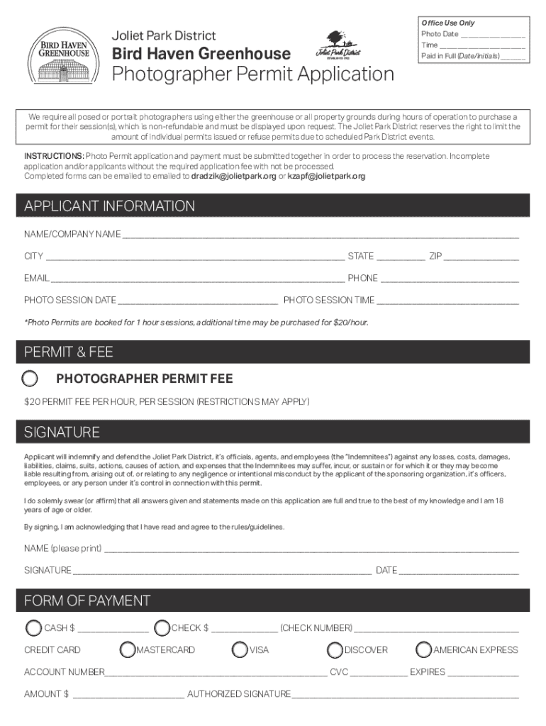 Fillable Online Photographer Permit Application for Bird Haven ...