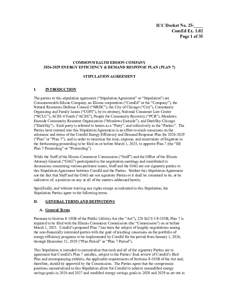 Fillable Online Comed 2026-2029 Energy Efficiency & Demand Response Plan Stipulation Agreement ...