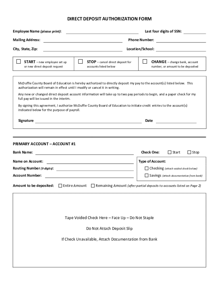 Fillable Online Direct Deposit Authorization Form Fax Email Print ...