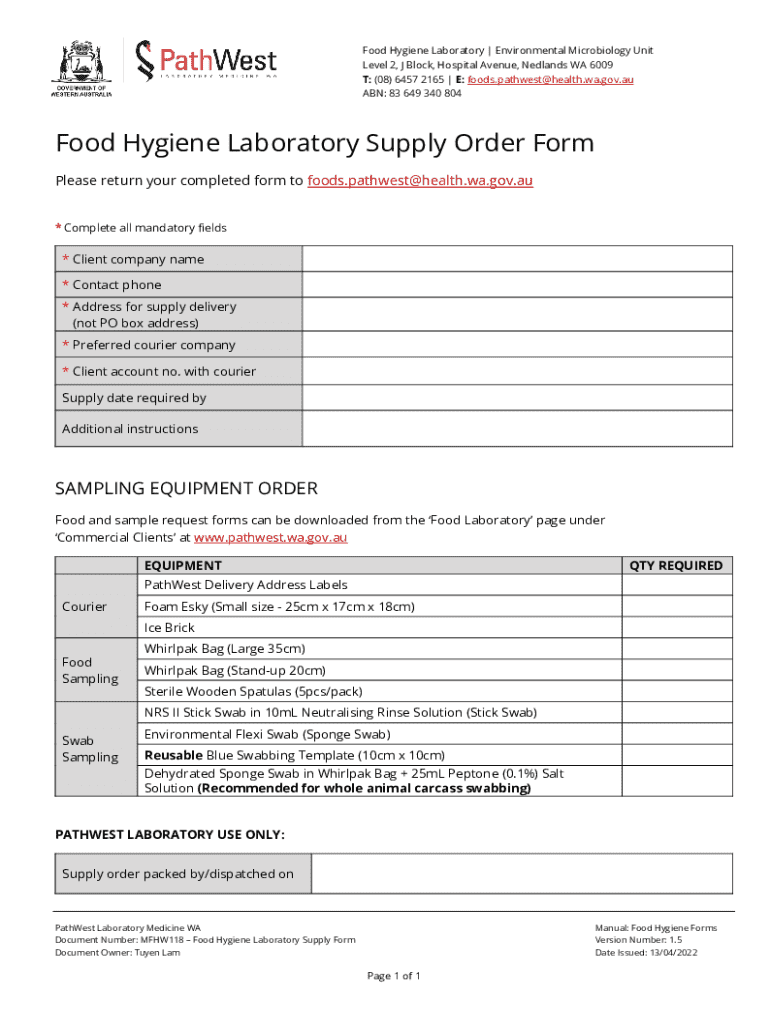 Fillable Online Food Hygiene Laboratory Supply Order Form Fax Email ...