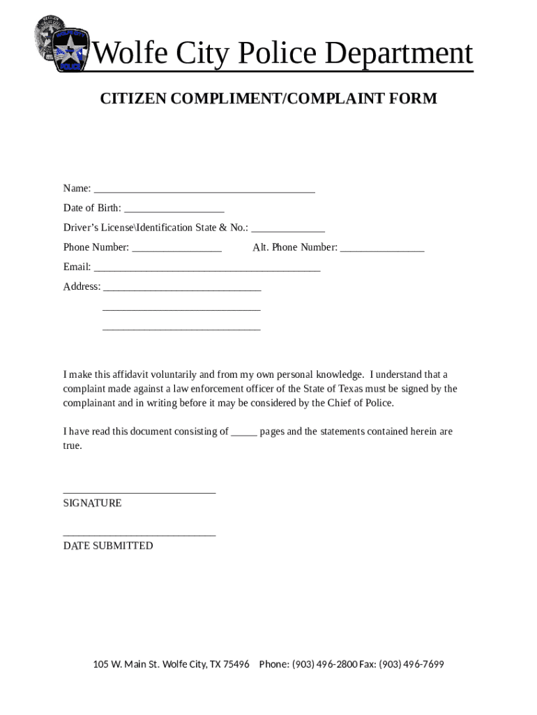 Citizen Compliment/complaint Doc Template | pdfFiller