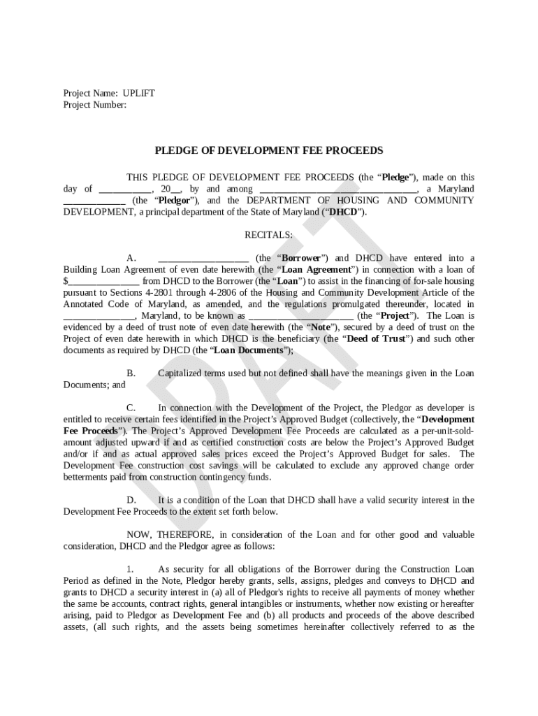 Pledge of Development Fee Proceeds - dhcd maryland Doc Template | pdfFiller