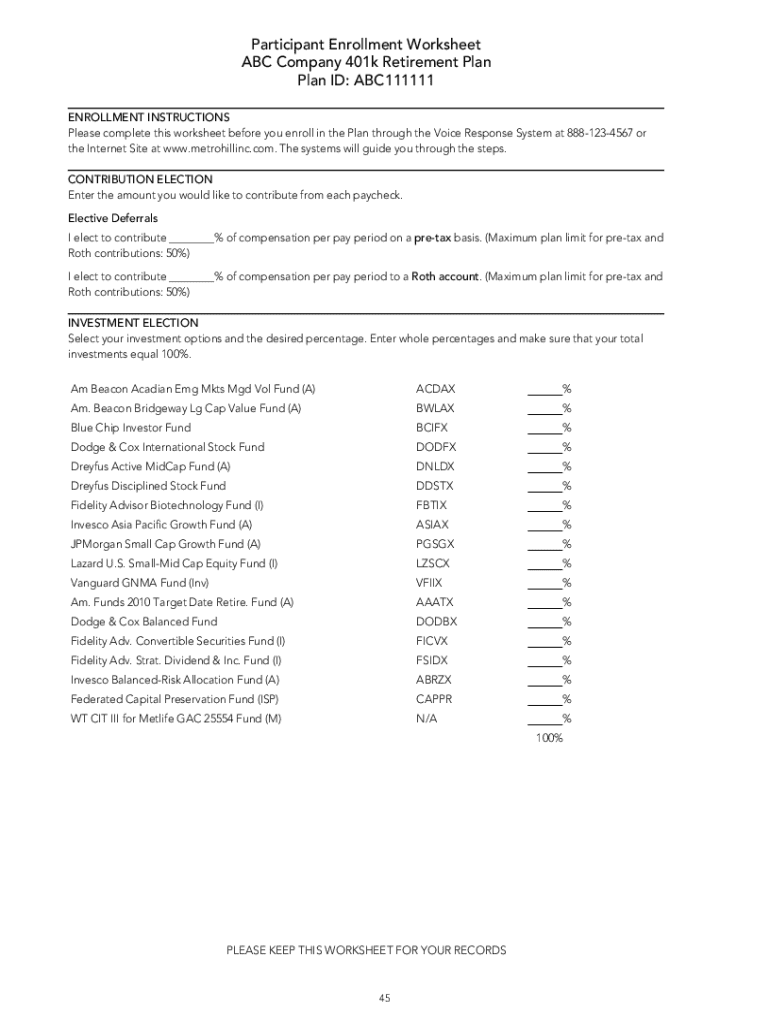 Fillable Online Abc Company 401k Retirement Plan Enrollment Fax Email ...