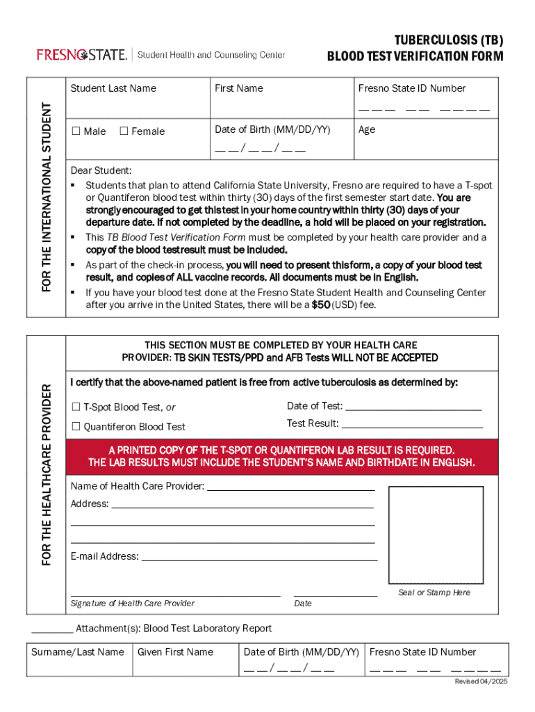 Fillable Online Tb Blood Test Verification Form for International ...