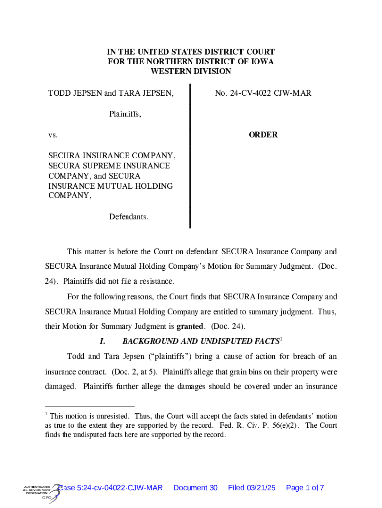 Fillable Online Order Granting Summary Judgment Fax Email Print - pdfFiller