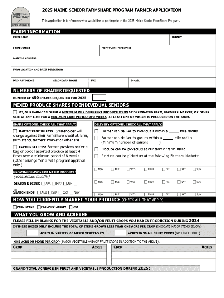 Fillable Online Maine Senior Farmshare Program Application for Farmers ...