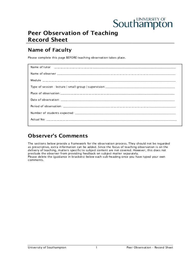 Fillable Online Peer Observation Record Sheet for Faculty Fax Email Print - pdfFiller