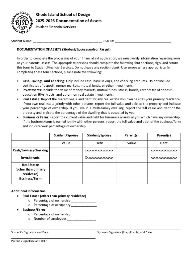Fillable Online Documentation of Assets for Financial Aid Fax Email ...