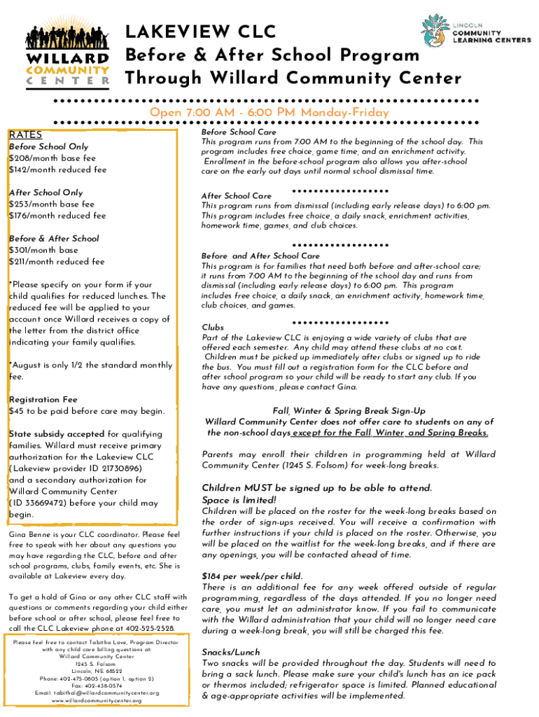 Fillable Online Lakeview Clc Before & After School Program Enrollment Fax Email Print - pdfFiller