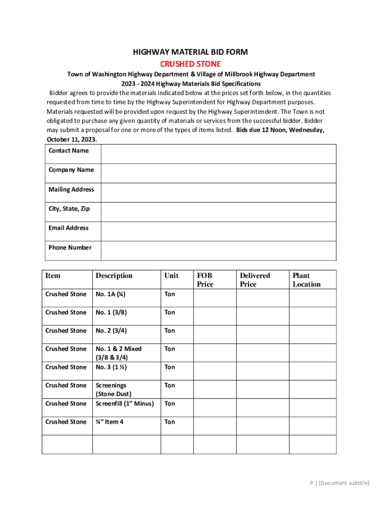 Fillable Online Highway Material Bid Form for Crushed Stone Fax Email ...