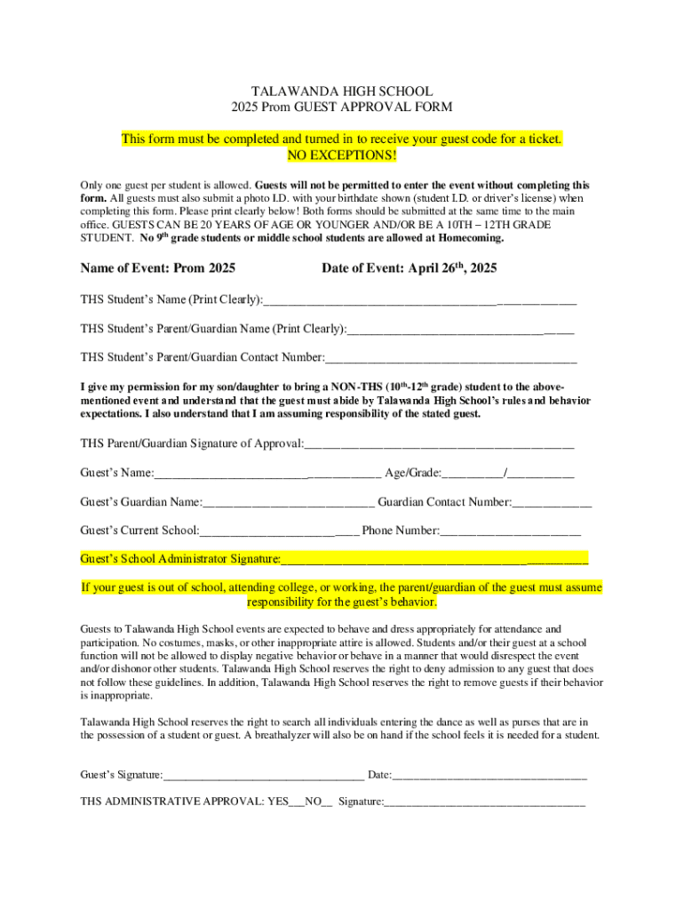 Fillable Online Prom Guest Approval Form for Talawanda High School Fax ...