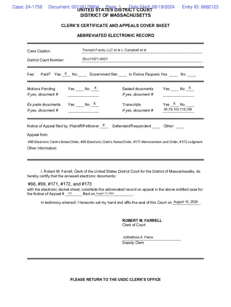 Fillable Online Clerk’s Certificate and Appeals Cover Sheet Fax Email Print - pdfFiller
