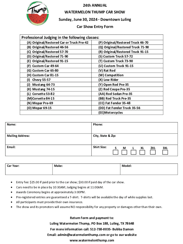 Fillable Online Watermelon Thump Car Show Entry Form Fax Email Print ...