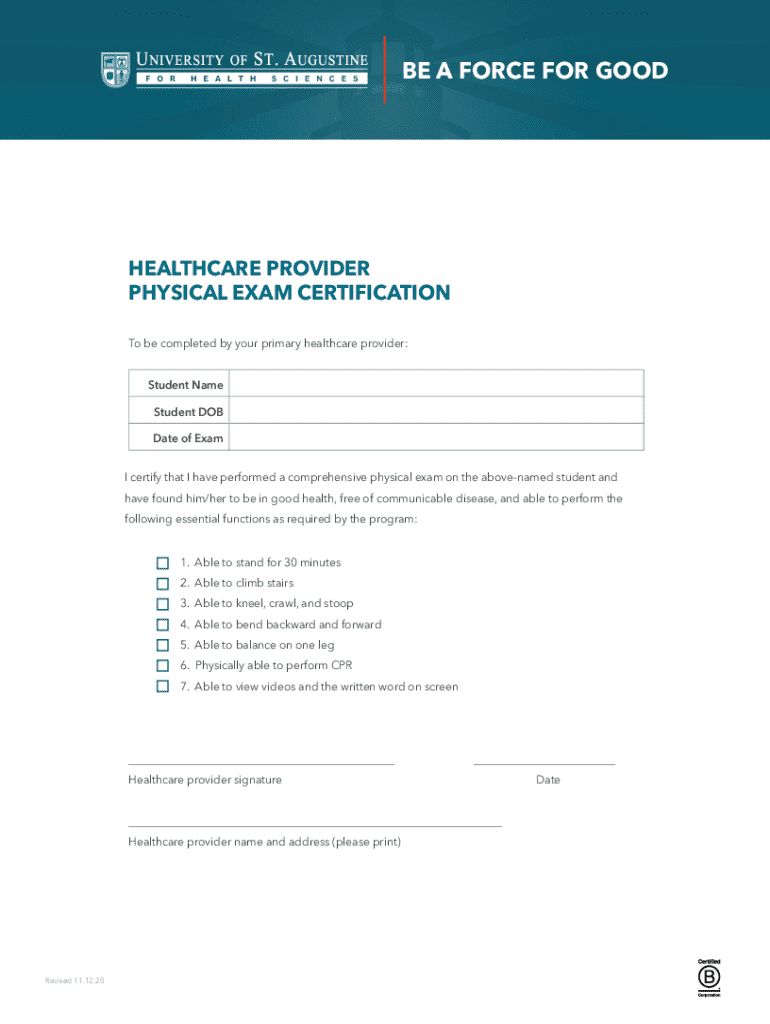 Fillable Online Healthcare Provider Physical Exam Certification Fax ...