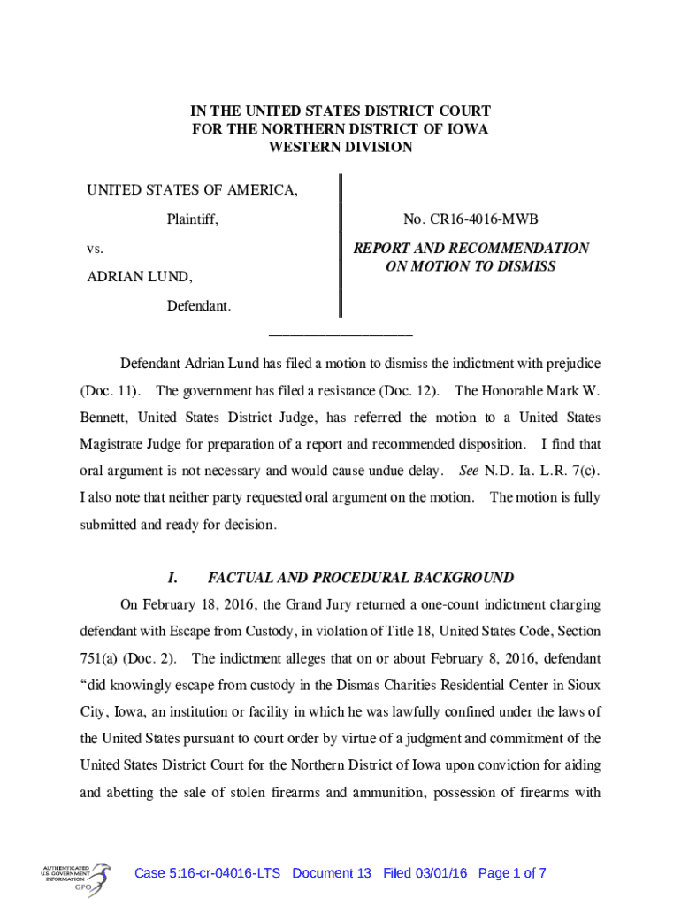 Fillable Online Report and Recommendation on Motion to Dismiss Fax Email Print - pdfFiller