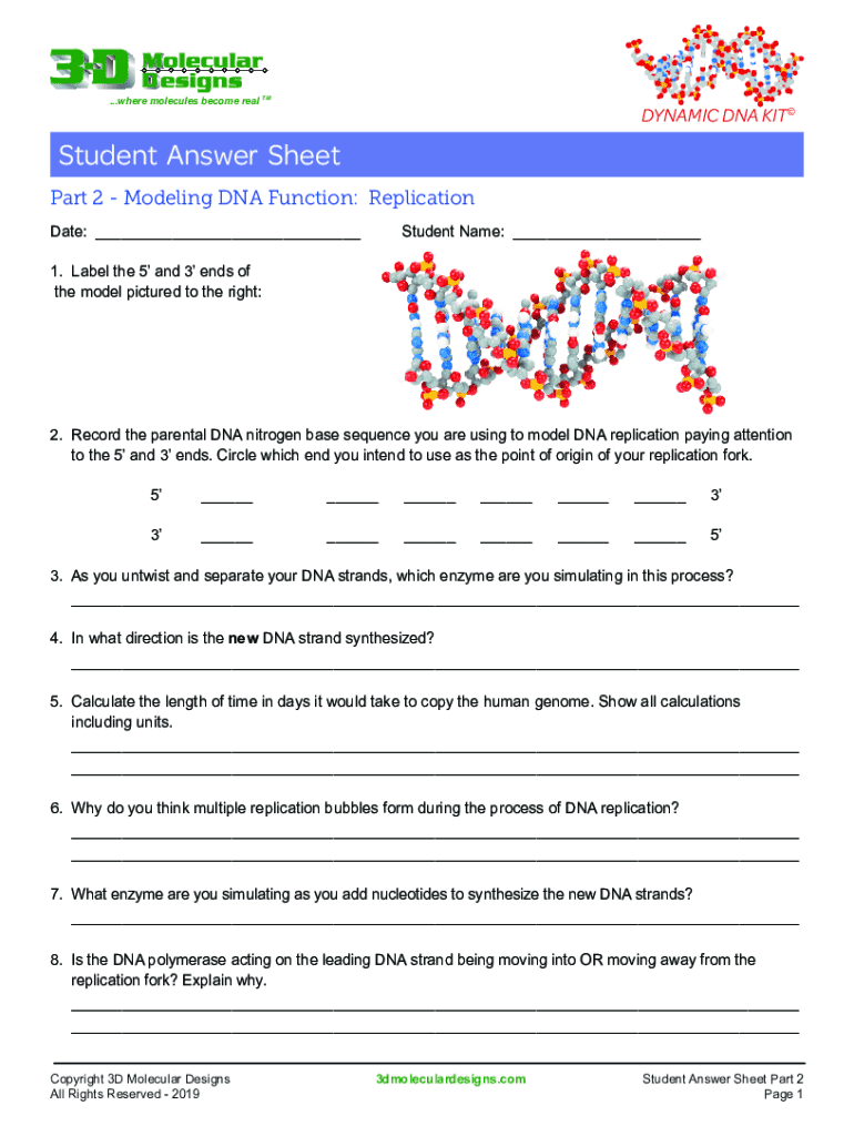 Fillable Online Dynamic Dna Kit Student Answer Sheet Part 2 - Modeling ...