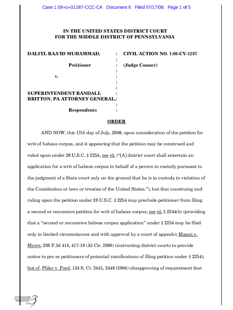 Fillable Online Order and Notice of Election for Writ of Habeas Corpus ...
