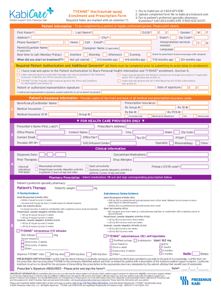 Fillable Online Enrollment and Prescription Form for Tyenne (tocilizumab-aazg) Fax Email Print ...
