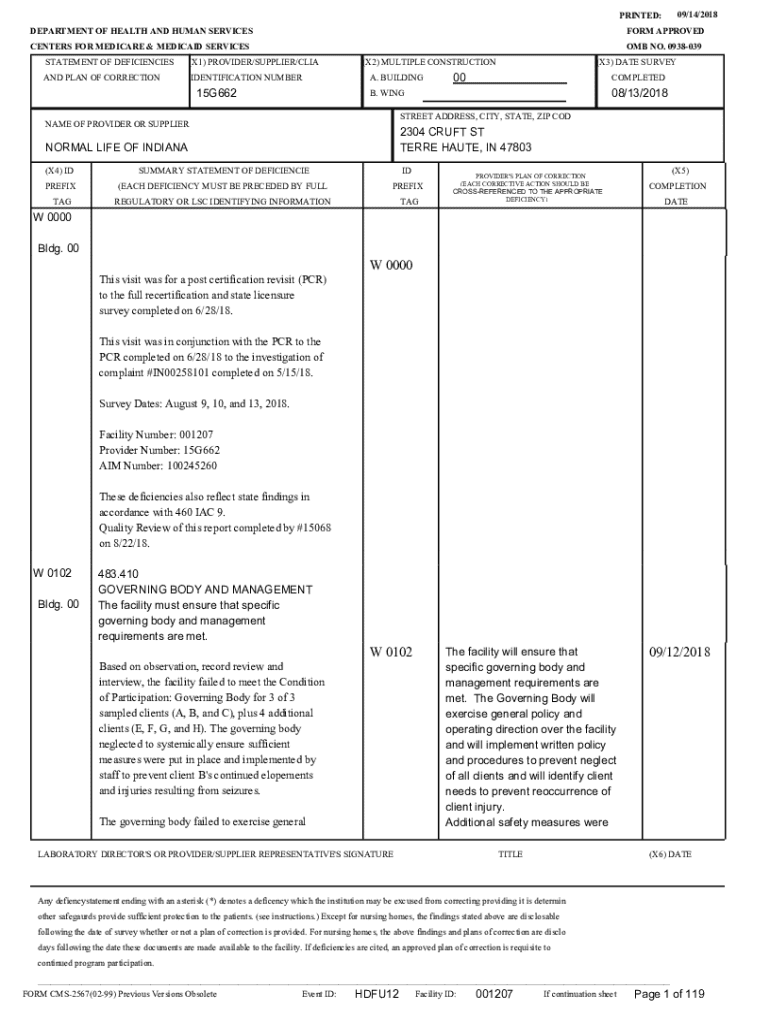 Fillable Online Statement of Deficiencies and Plan of Correction Fax ...