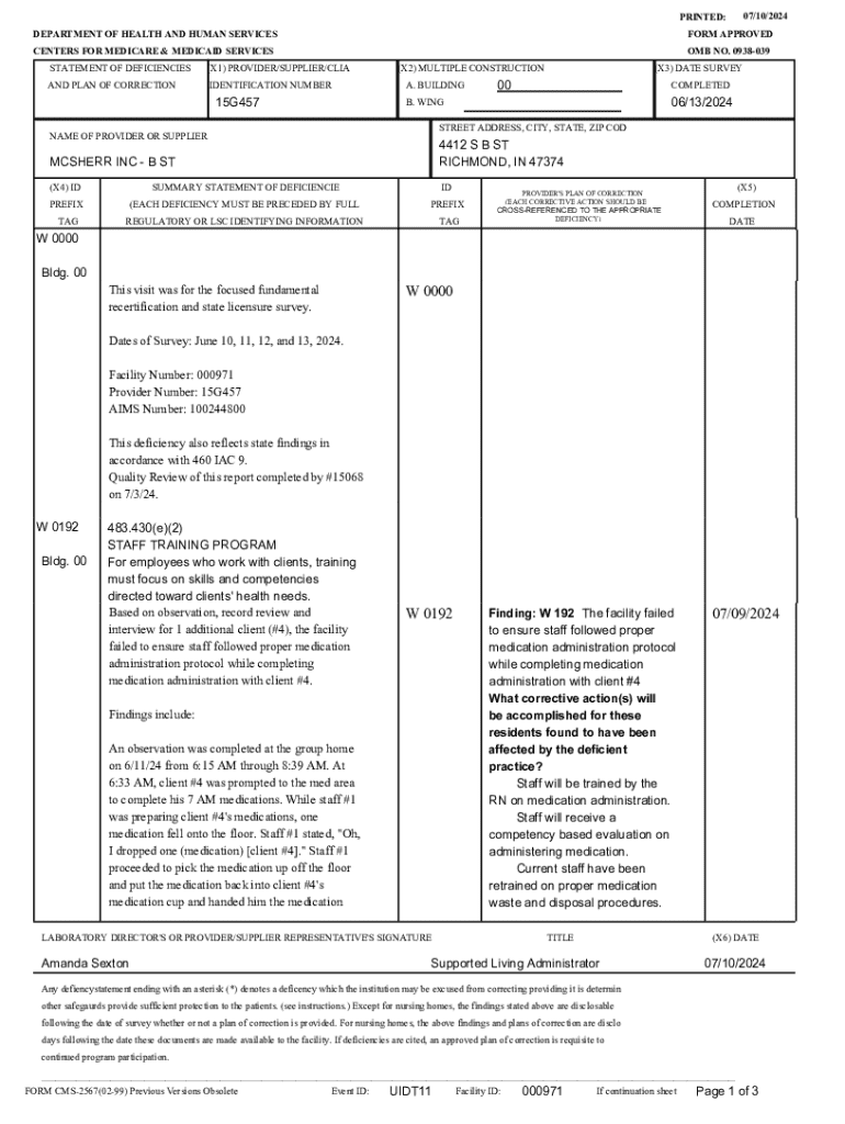 Fillable Online Statement of Deficiencies and Plan of Correction ...